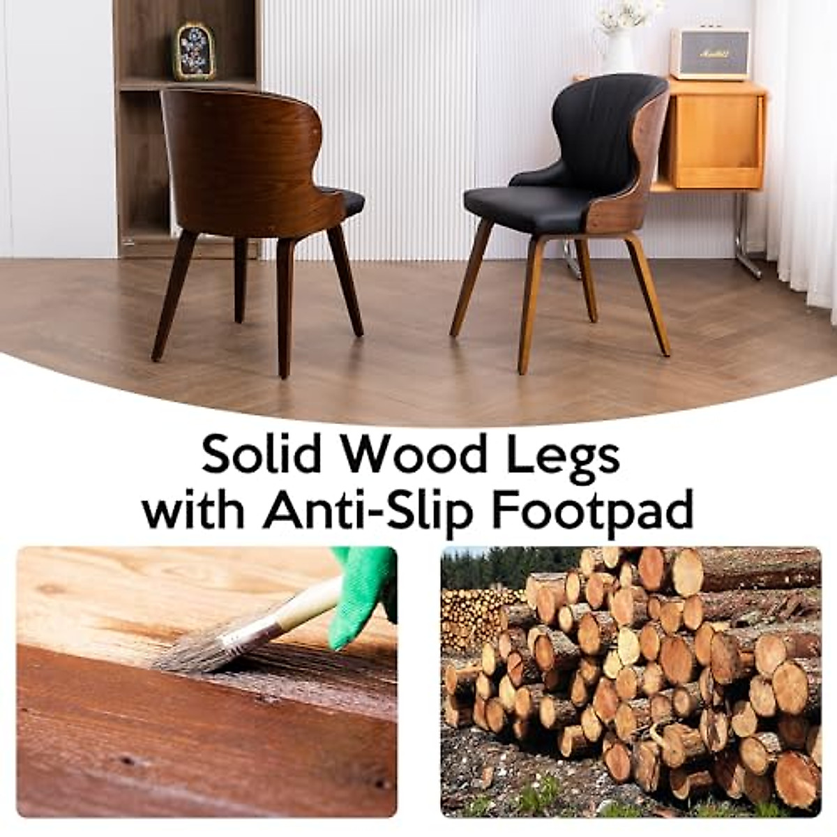 Homy Grigio Dining Chairs Set of 2 Upholstered Dining Room Chairs Faux Leather Kitchen Chairs with Wood Legs Shell Mid Century Modern Chairs for Dining Room, Kitchen, Living Room, Black