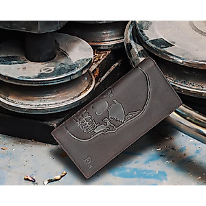 DK86 Skull Long Wallet For Men Full Grain Leather Rfid Blocking Rodeo Wallet Bifold Wallet Skull Wallet, Coffee A