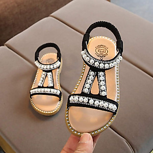 WUAI Kids Baby Girls Summer Sandals Fashion Boho Princess Flat Shoes Crystal Beach Roman Sandals 1-6Years(Black,4-4.5Years)