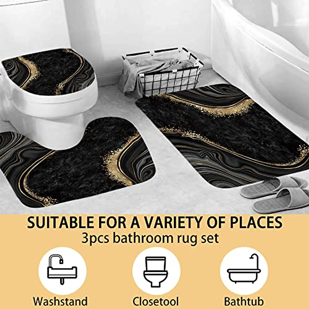 BEIFIVCL 4Pcs Luxury Marble Shower Curtain Sets, Bathroom Sets with Shower Curtain, Toilet Lid Rug, Contour Mat and Bath Mat, Shower Curtain with 12 Hooks for Bathroom Set Decor (72 x 72 Inch), Black