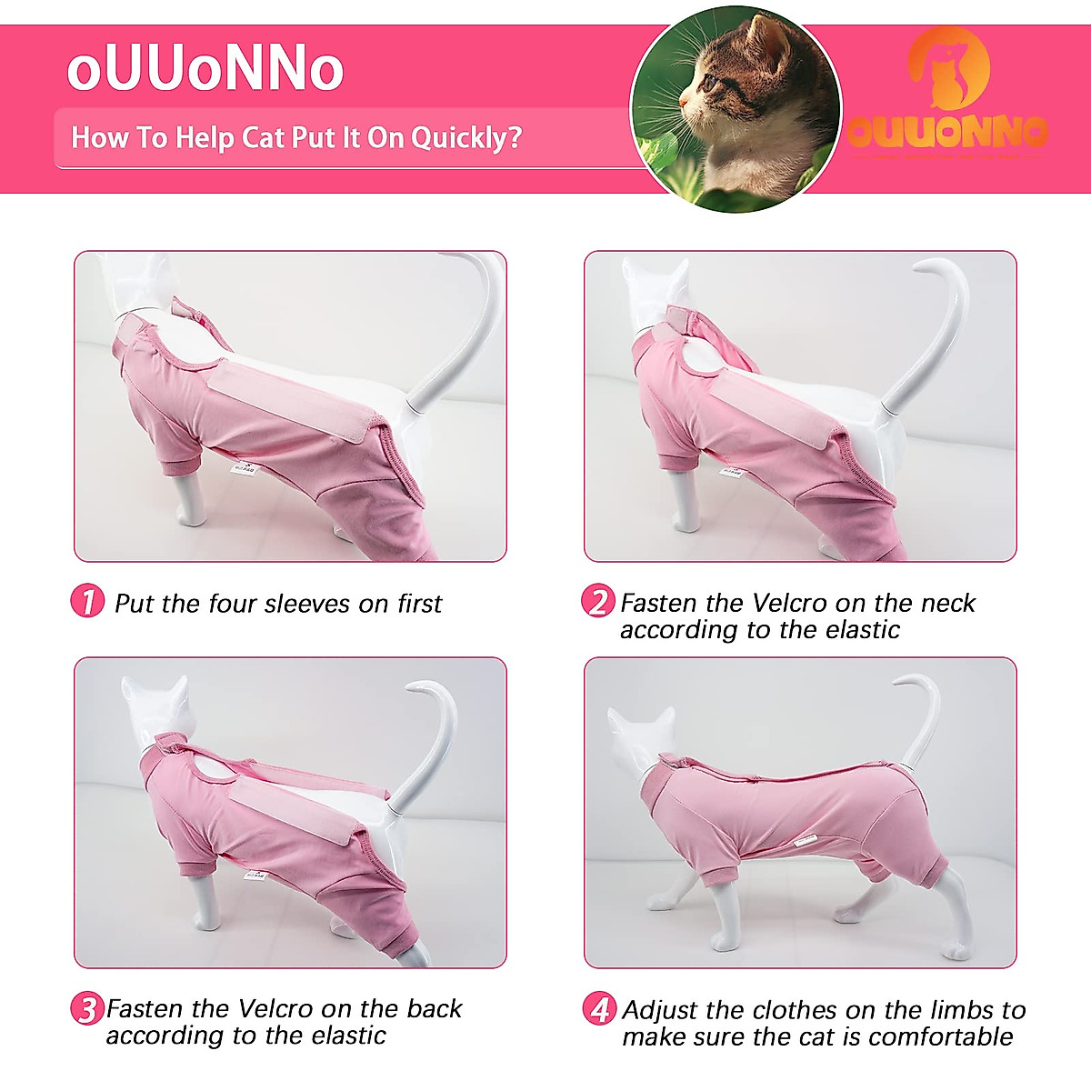 oUUoNNo Cat Recovery Suit for Abdominal Wounds or Skin Diseases,E-Collar Alternative for Cats,After Surgery Wear,Pajama Suit Long Sleeve Prevent Shedding (X-Small, Pink)