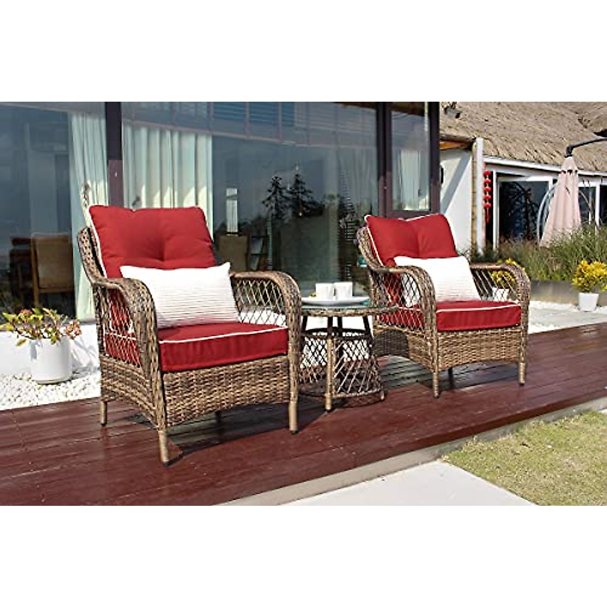 N&V Outdoor Chairs Set Bistro Set 3 Pieces Patio Conversation Set Furniture Set for Balcony Rattan Chairs and Table with Cushions Beige Red Green (RED)