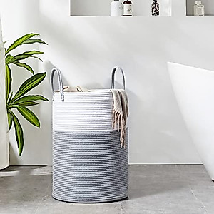 Cotton Rope Laundry Hamper by YOUDENOVA, 58L - Woven Collapsible Laundry Basket - Clothes Storage Basket for Blankets, Laundry Room Organizing, Bedroom Storage, Clothes Hamper – Grey & White