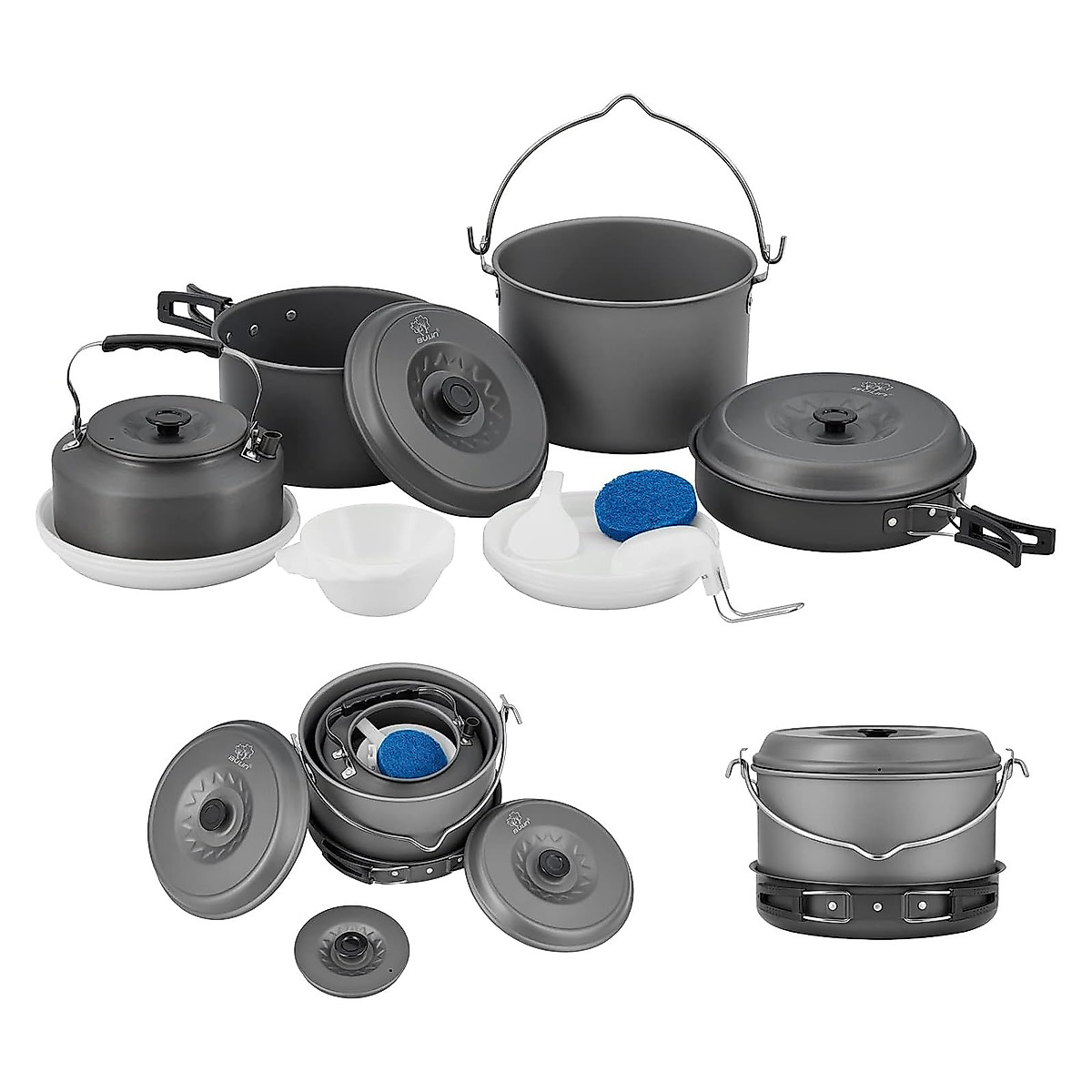 Bulin 13Pcs Camping Cookware Mess Kit, Nonstick Backpacking Cooking Set, Outdoor Cook Gear for Family Hiking, Picnic Lightweight Cookware Sets(Kettle, Pots, Frying Pan, BPA-Free Bowls, Plates, Spoon)