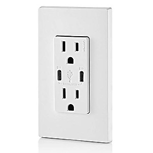 Leviton T5635-W USB Dual Type-C with Power Delivery (PD) In-Wall Charger with 15 Amp, 125 Volt Tamper-Resistant Outlet, White