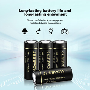 JESSPOW 18500 Rechargeable Batteries with Flat Top, IMR 18500 Rechargeable Li-ion Battery 1600mAh 3.7V for Flashlight, Solar Garden Light (4 Pack)