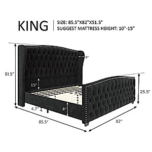 AMERLIFE King Size Platform Bed Frame, Velvet Upholstered Bed with Deep Button Tufted & Nailhead Trim Wingback Headboard/No Box Spring Needed/Black