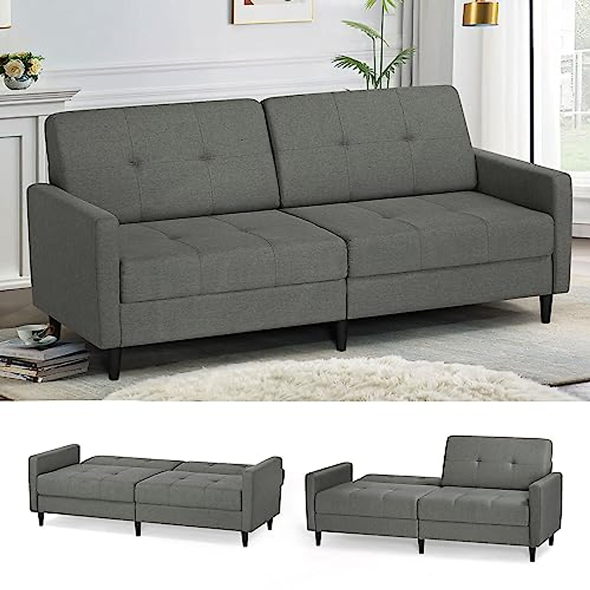 Imseigo Adjustable Sofa Bed, Fabric Linen Folding Futon Sofa, Convertible Couch Sleeper, Upholstered Loveseat Futon Couch Bed, Reversible Home Recliner for Small Space, Living Room, Office (Grey)