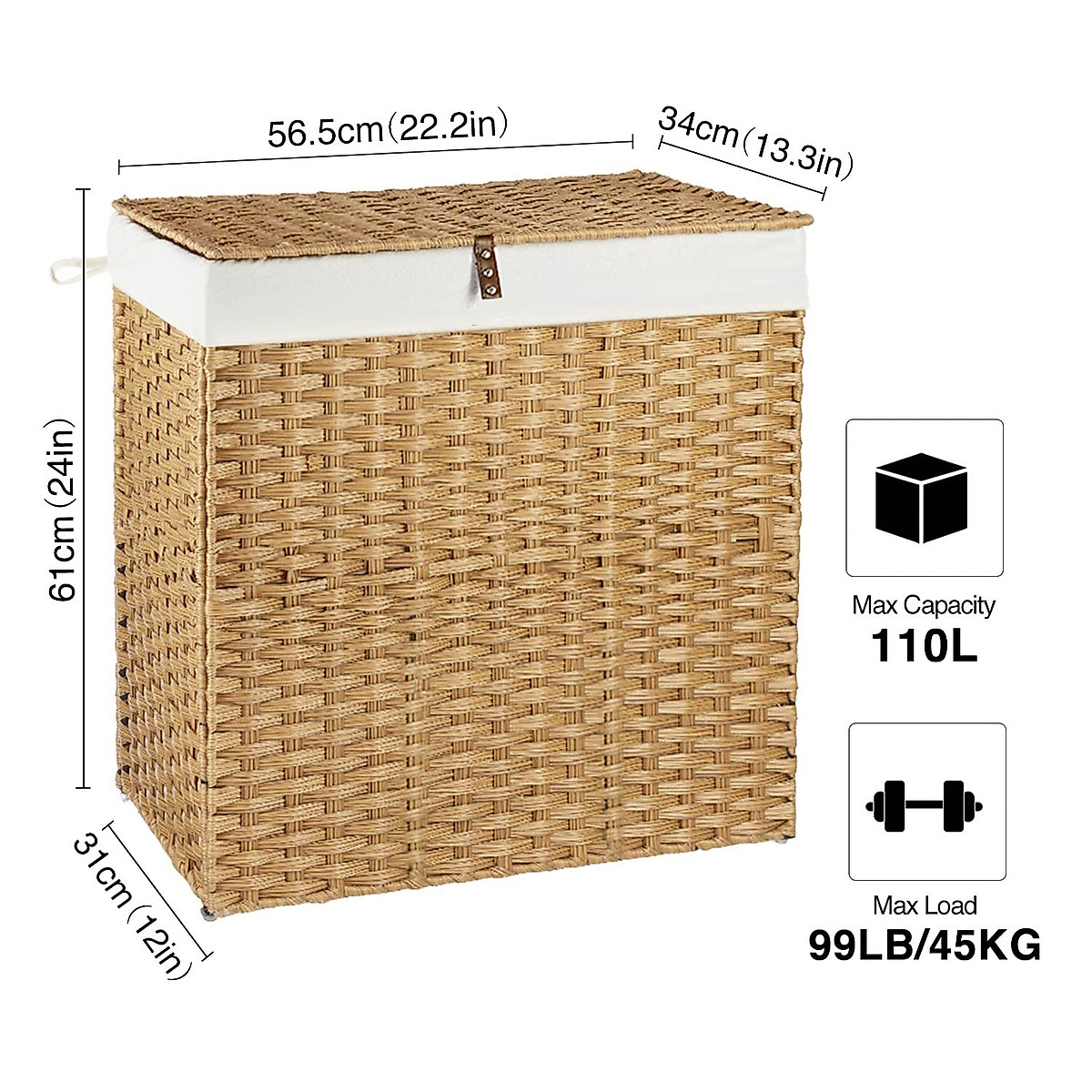 Greenstell Laundry Hamper with lid, No Install Needed, 110L Wicker Laundry Baskets Foldable 2 Removable Liner Bags, 2 Section Clothes Hamper Handwoven Rattan Laundry Basket with Handles, Natural
