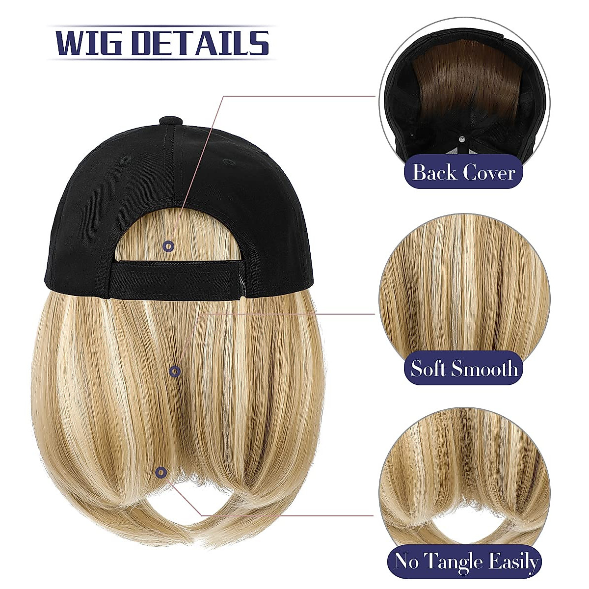 Qlenkay Baseball Cap with Hair Extensions Straight Short Bob Hairstyle Adjustable Removable Wig Hat 14inch for Woman Girl Ash Blonde Mix Bleach Blonde
