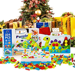 Haifeng STEM Educational Toys for 3-8 Year Old, Creative Mosaic Drill Set for Kids, DIY Electric Drill Puzzle Toys, 3D Construction Games with Toy Drill, Engineering Building Kits for Boys and Girls