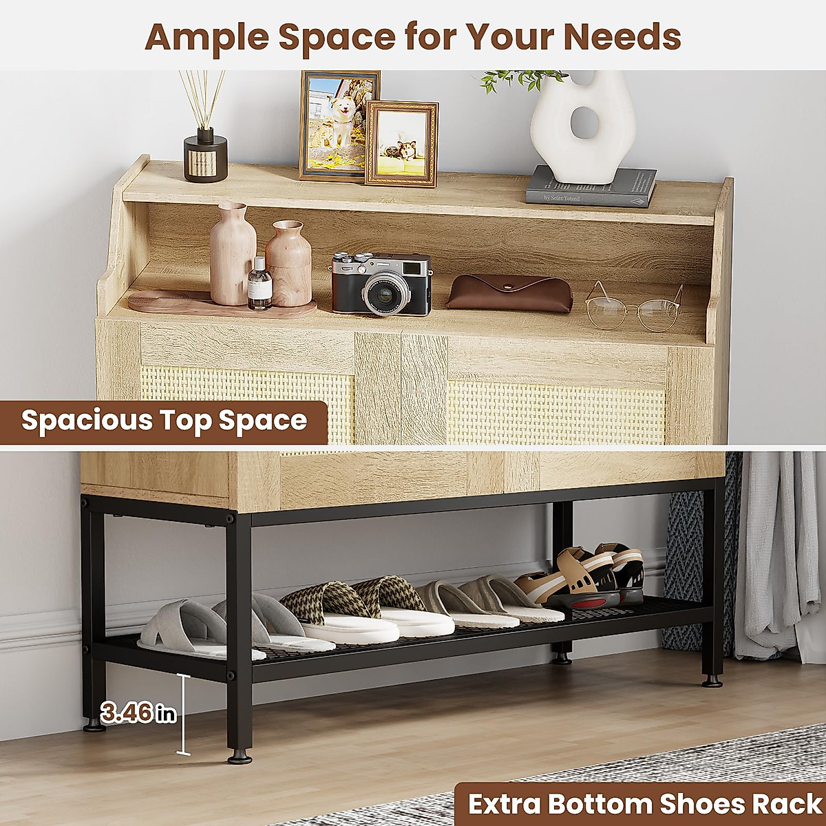 7-Tier Shoe Storage Cabinet with Rattan Doors, Shoe Rack Organizer Cabinet with Adjustable Shelves & Buffer Hinge, Freestanding Narrow shoe cabinet storage with Anti-tip Fitting for Entryway, Hallway