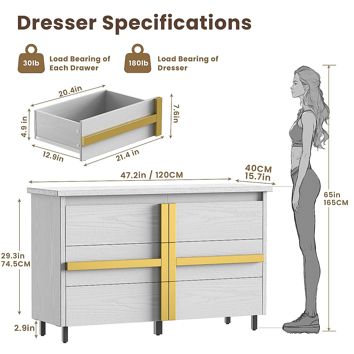 VOPEAK White Dresser for Bedroom, Wood Dresser, 6 Drawer Dresser with Gold Handle, Modern Large & Long Dresser for Cloth Storage, TV Stand Dresser,Chest of Drawers for Clost, Living Room, Nursery.