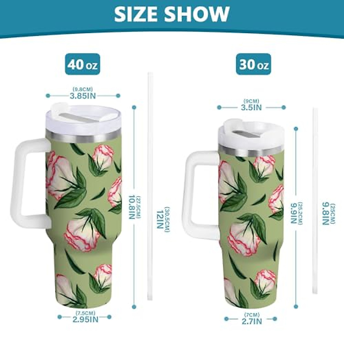 Adornlife Flower Rose Green 30 oz Tumbler with Handle and Straw Lid, 100% Leak-proof Travel Coffee Mug, Stainless Steel Insulated Cup For Beverages, Cupholder Friendly