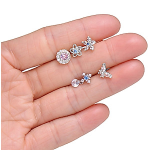 Tornito 16Pcs Dangle Nose Rings Stud L Shaped Cubic Zirconia Butterfly Heart Star Moon Flower Crown Assorted Shape Stainless Steel Nostril Piercing Jewelry for Women Men 20G Silver Tone