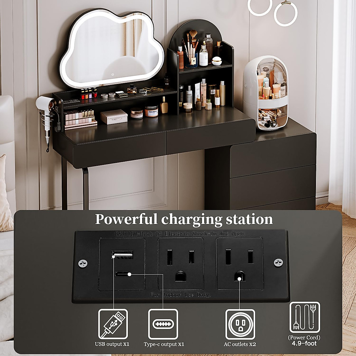 YYJ Makeup Vanity Table with 27.5 * 19.7in Lighted Mirror,Power Strip Charging Station, Vanity Desk with Storage Shelves,3 Lighting Modes, Brightness Adjustable,Writing Desk with 5 Drawers, Black