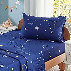 Homiest 3pcs Constellation Sheets Twin Size Bed Set, Star Pattern Cute Soft Bedding Set, Deep Pocket Twin Sky Printed Sheets for Kids Teen Boys Adults, Navy Blue