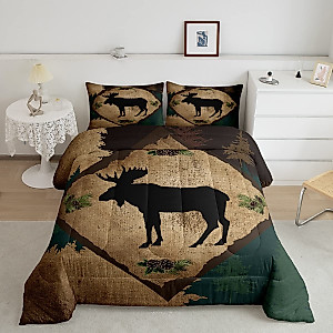 Homewish Lodge Cabin Comforter Set King Size 3 Pcs Wild Deer Antlers Outdoor Animal Comforter for Kids Teens Adults Pine Trees Retro Grid Rustic Style Bedding Set with 2 Pillowcases+1 Comforter