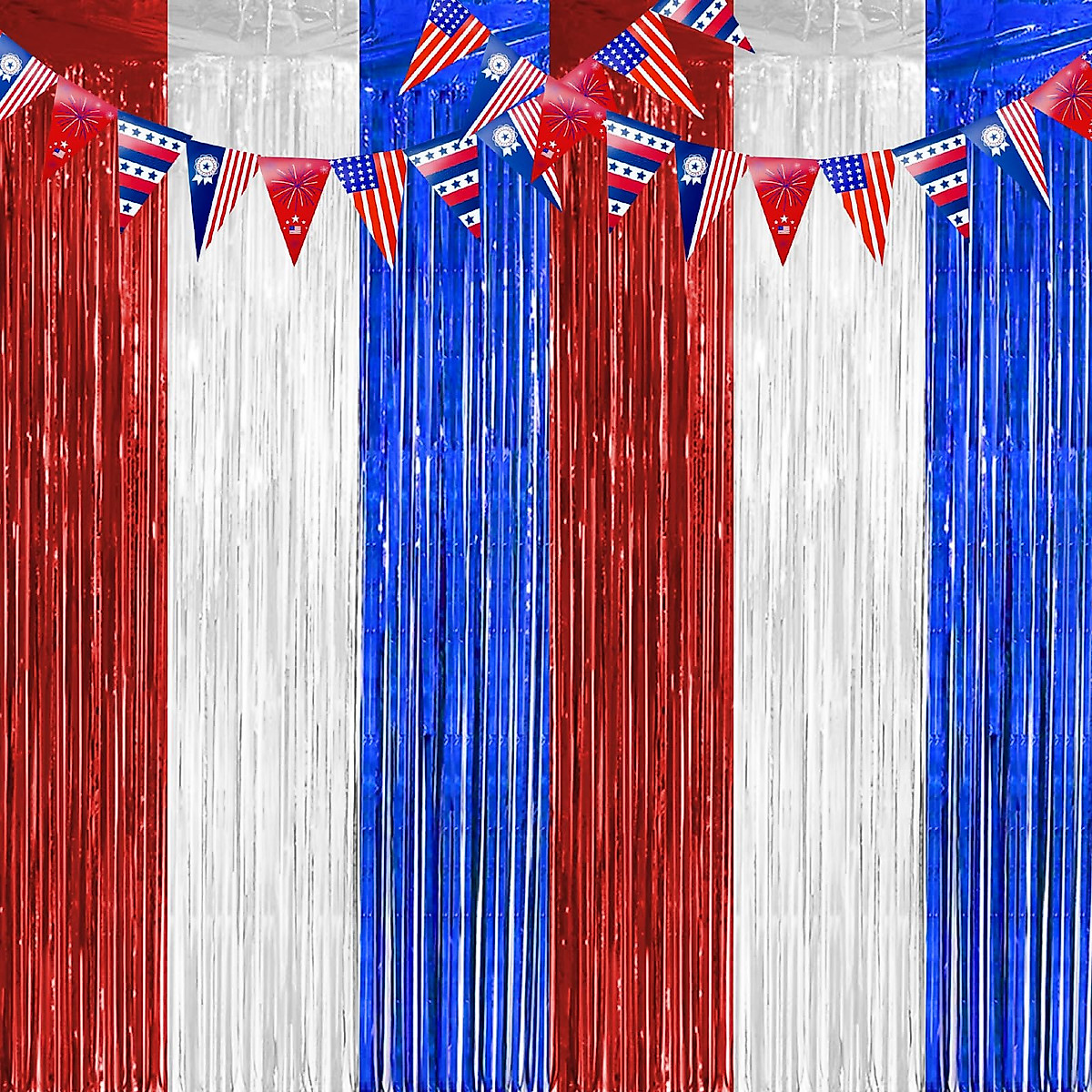 Yzurbu Red White & Blue Decorations, 3 Pack Tinsel Foil Fringe Backdrop Curtains and 2 Pack USA Flag Triangle Pennant Banner for 4th of July, Memorial Day, Labor Day, Patriotic Party