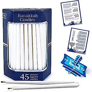 Dripless Hanukkah Candle Set of 45 Premium Solid White Thin Tapered Candles for Standard Chanukah Menorah, Birthday Party, Celebration Candles Enough for 8 Nights of Hanukah by Aviv Judaica