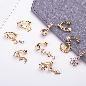 Masedy 9Pcs 14G Stainless Steel Dangle Belly Rings for Women Reverse Navel Rings Curved Barbell Body Piercing Jewelry Gold