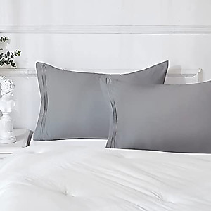 YIYEA Embroidered Pillow Cases Queen Size Set of 4, 1800 Thread Egyptian Quality Brushed Microfiber Bed Pillowcases with Envelope Closure, Wrinkle, Fade and Stain Resistant (20"x30", Grey)