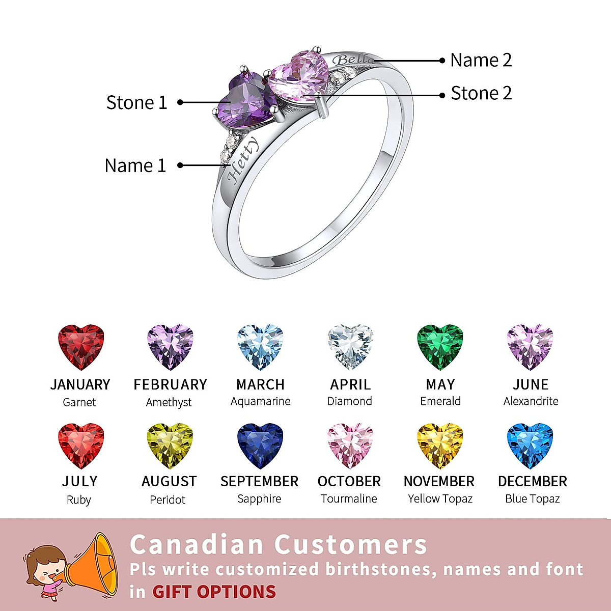 ChicSilver Personalized Mothers Ring 925 Sterling Silver Heart Simulated Birthstones Promise Rings for Women Custom Name Family Ring for Grandma Mom Bridal Engagement Wedding Ring Band (2 Stones)