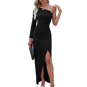 Sarin Mathews Womens One Shoulder Long Sleeve Cocktail Dresses Sexy Bodycon Ruched Wrap Split Party Formal Long Dress Black S