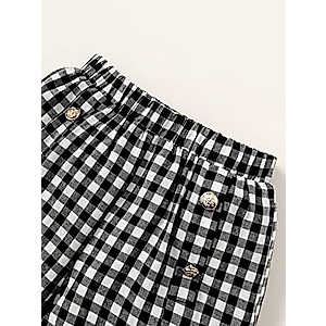 SOLY HUX Girl's Cute 2 Piece Outfits Letter Graphic Lettuce Trim Short Sleeve Tee Tops and Plaid Shorts Set Black and White 160