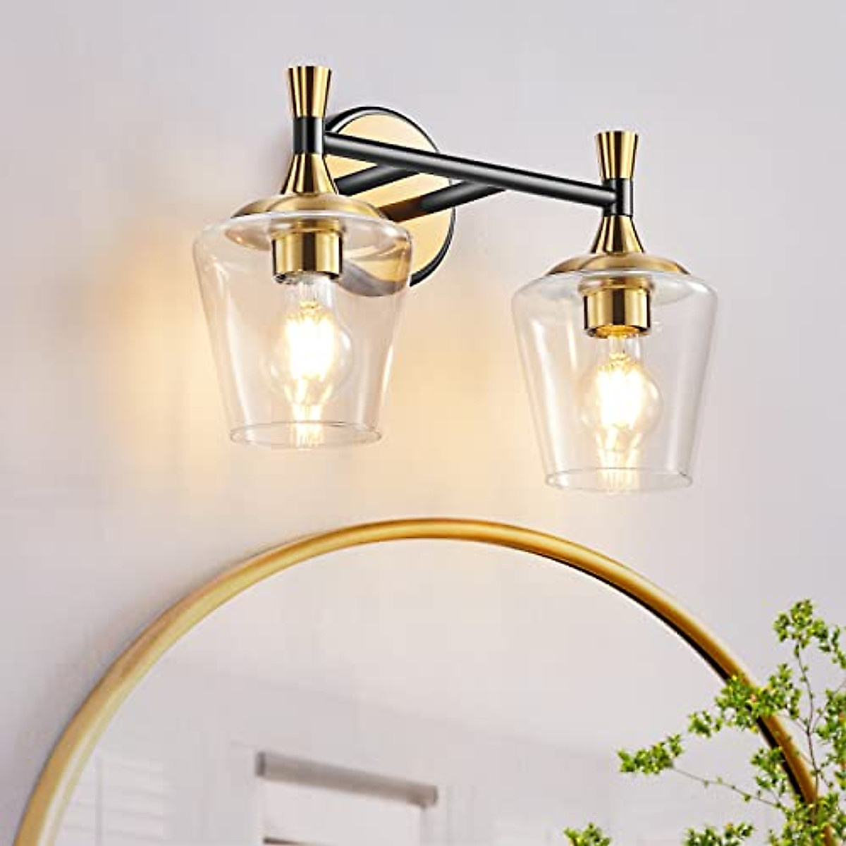 LOXYEE Gold Bathroom Vanity Light ，2-Lights Vintage Vanity Lights fixtures with Glass Shade,Gold and Black Bathroom Lights Over Mirror,for Living Rooms, Bedrooms, Hallways (Exclude Bulb)