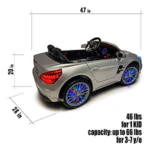 Americas Toys Kids Car with Remote Control, Mp4 Touch Screen, LED Wheels, Leather Seat – Electric Car for Kid to Drive, Open Trunk, Pull Handle, Compatible with Mercedes Benz Painted Silver