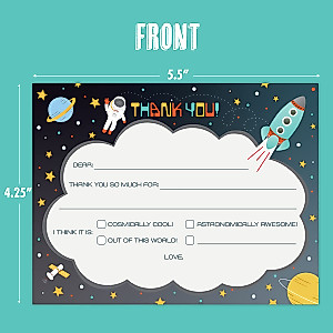 Koko Paper Co Space Multiple-choice Fill-in Thank You Cards | 25 Flat Cards and 25 Bright White Envelopes | Printed on Heavy Card Stock.
