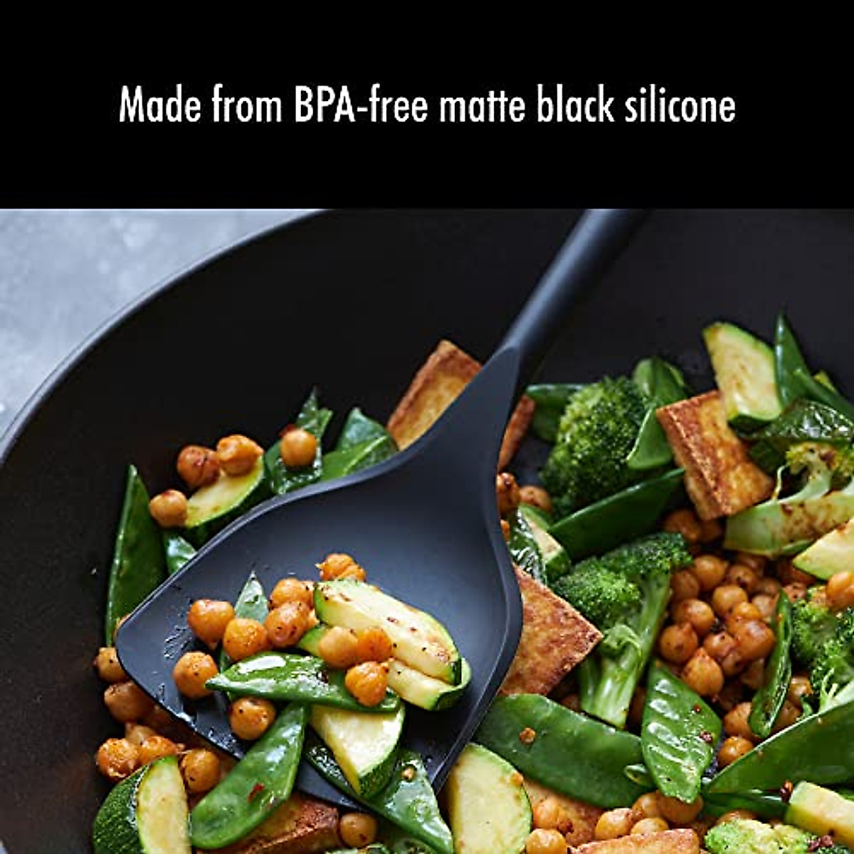 STAUB Wok Spatula, Perfect for Scooping, Flipping, Stirring, and Turning Stir Fries, One Size, Durable BPA-free Matte Black Silicone, Acacia Wood Handles, Safe for Nonstick Cooking Surfaces