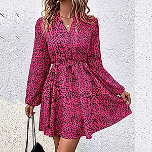 YMUQEIGH Spring Summer Dresses for Women Casual Long Sleeve Mini Dress Fashion Leopard Print Sun Dress Elegant V-Neck Dress Hot Pink