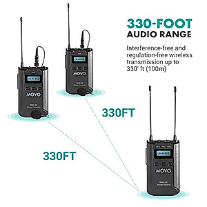 Movo WMX-20-DUO 48-Channel UHF Wireless Lavalier Microphone System with 1 Receiver, 2 Transmitters, and 2 Lapel Microphones Compatible with DSLR Cameras (330' ft Audio Range)