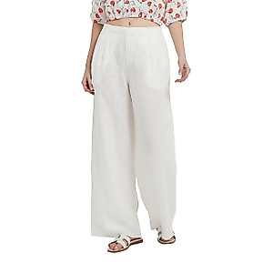 PACIBE Women's Drape Linen Pants Summer Wide Leg Trousers Compact Fabric with Pockets, XL, White