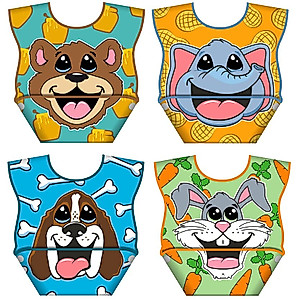 LA Baby Crumb Snatcher Waterproof Pocket Bib Small, Catch-All Pocket Design, 4-Pack (Bear, Puppy, Elephant, Rabbit)