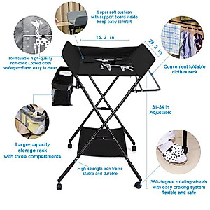 Baby Changing Table Portable Folding Diaper Changing Station with Wheels, Adjustable Height Mobile Nursery Organizer with Safety Belt and 2 Large Storage Racks for Newborn Baby Infant (Black)