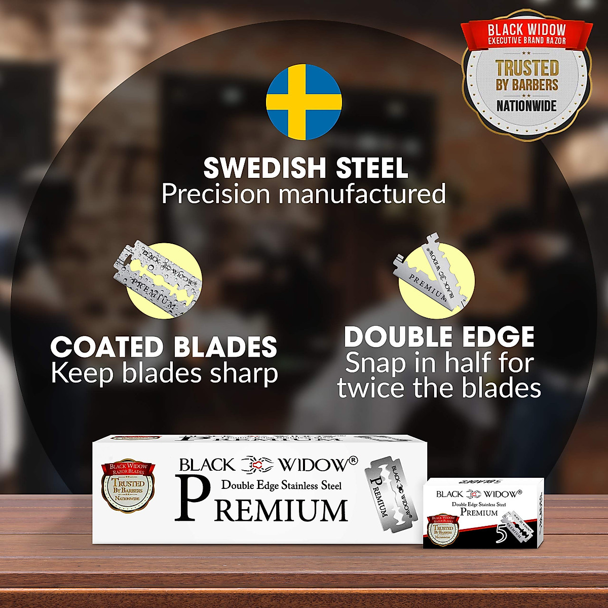 Black Widow Premium Double Edge Swedish Steel Premium Razor Blades for Safety and Straight Razors - (100 Count)
