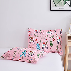 CHESITY Christmas Bedding Quilt Set Queen Size 3-Piece Kids Bedspread Xmas Bedding Set with Alpaca Pattern Lightweight Coverlet Cover for All Season (Pink, 1 Quilt + 2 Pillowcases)