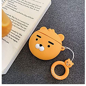 Thick Soft Silicone Lion Case with Finger Strap for Apple Airpods 1 2 Wireless Earbuds Yellow Ryan Head Protective Lovely Fun Girls Kids Son Men Guys Boys