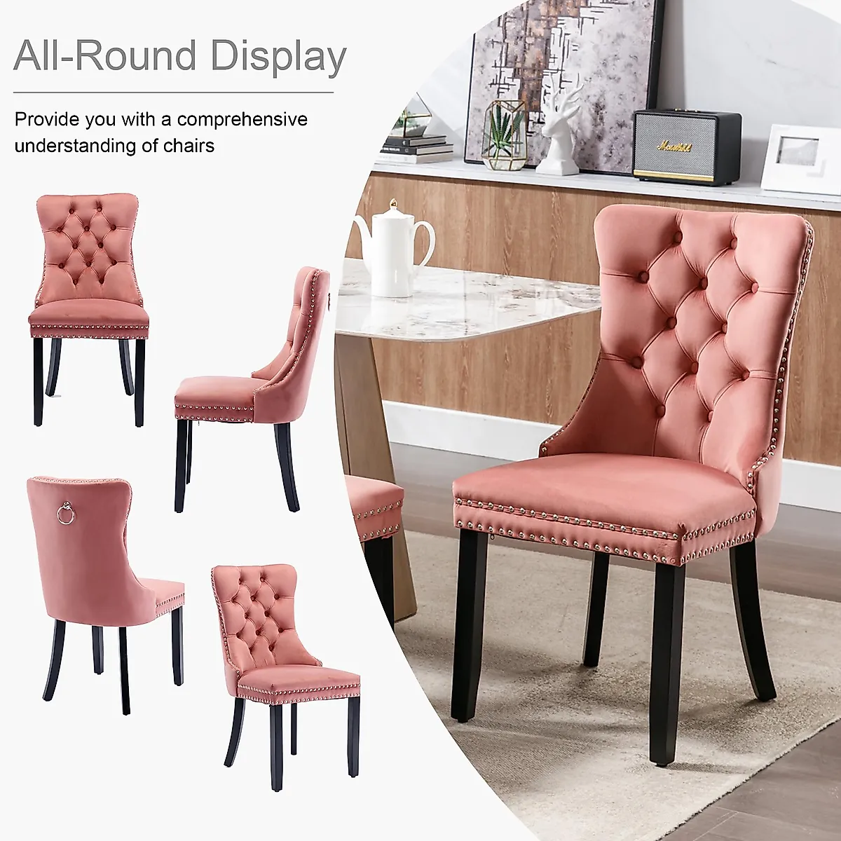 Rhomtree Contemporary Button Tufted Dining Chairs High-end Velvet Upholstered Dining Chairs with Nailhead Back and Ring Pull Trim Wood Kitchen Chairs for Dining Room (Pink 01, Set of 8)