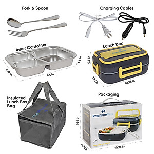 PREMIUMPLUS Electric Lunch Box Food Heater- Portable Food Warmer with Carrying Bag, Fork & Spoon- Lunch Box Warmer Portable for Work Car Truck- 1.5L Crockpot Lunch Warmer- 60W 12V/24V/110V (Purple)