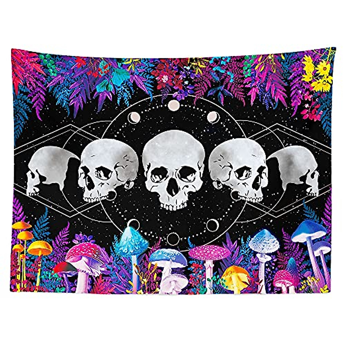 Jinxy Skull Moon Phase Mushroom Garden Tapestry, Psychedelic Floral Plant Tapestry, Wild Flowers Tapestry Home Decor Wall Hanging for Living Roomall Hanging for Living Room (Moon Phase Skull, 51.2" x 59.1")