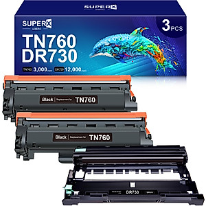 LemeroSuperx Compatible Toner Cartridges and Drum Unit Replacement for Brother TN760 TN730 TN 760 DR730 Work for HL-L2350DW MFC-L2710DW HL-L2395DW MFC-L2750DW Printer (2 Black, 1 Drum Unit, 3 Pack)