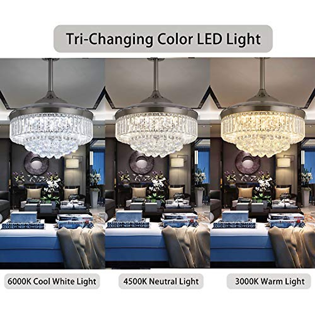 42inches Brushed Nickel crystal Ceiling Fan Indoor with Light and Remote,Ceiling Fans Retractable Blades Bedroom Ceiling Fan with Lights and Remote Control LED Ceiling Fan Light Kit