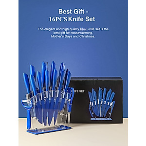 Knife Set, No Rust 16 Pieces Knives Set, Knife Block Set with Easy Clean Acrylic Stand, Super Sharp Kitchen Knife Set with a Vegetable Peeler, Blue