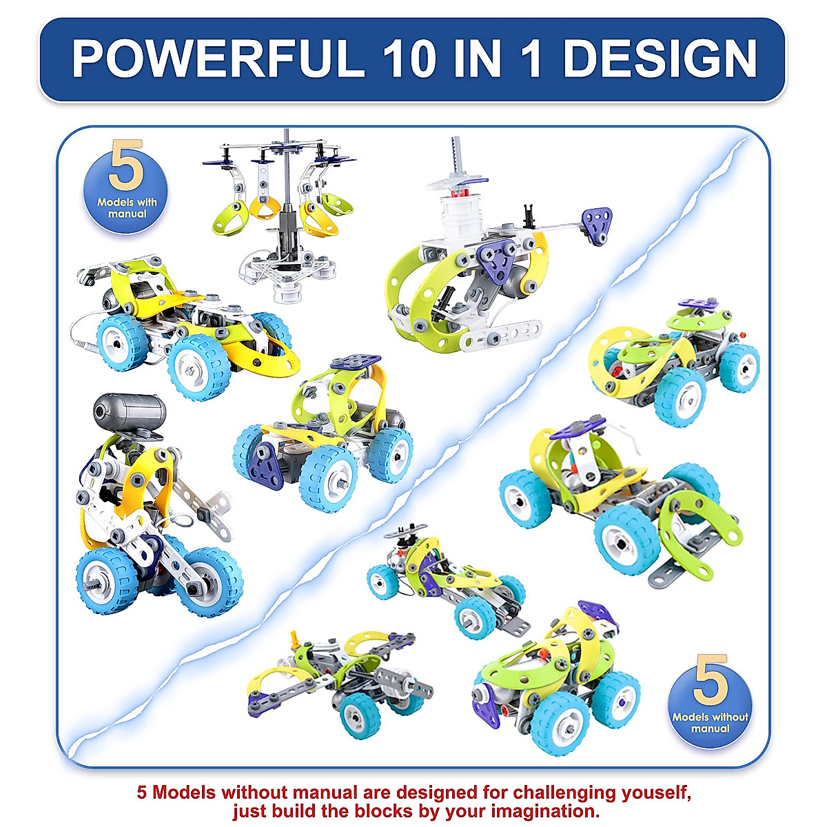 BRUVISH 10 in 1 Building Toy Set, STEAM Building Blocks with Electric Powered Motor for Children Boys Girls, Construction Toys with Tools for Kids Age 5 6 7 8 9 10 11 12, Engineering Building Bricks