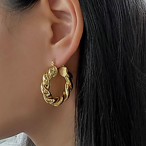 Twisted Gold Hoop Earrings for Women, Thick Chunky Hoops Hypoallergenic Vintage Twist Earings Big