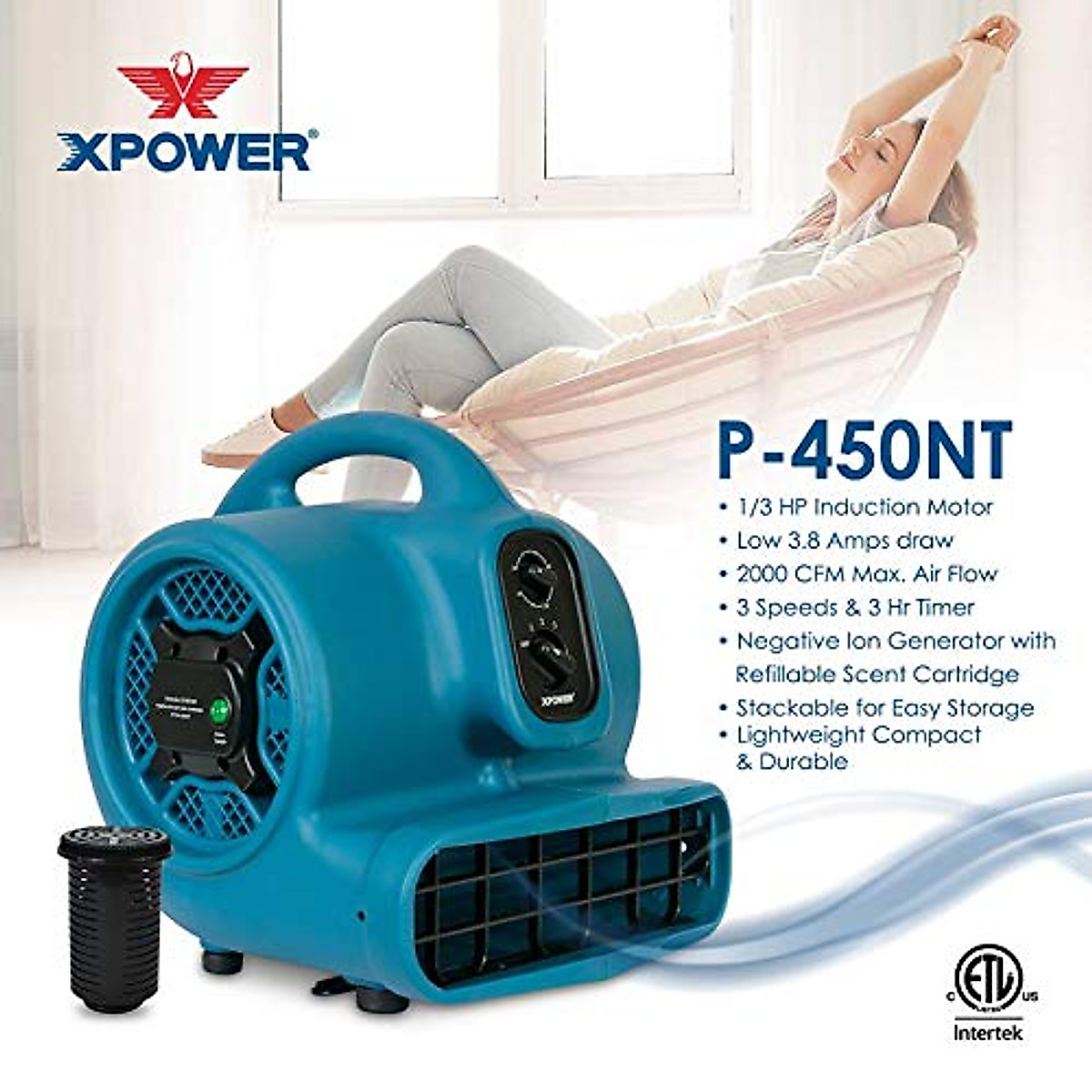 XPOWER P-450NT Freshen Aire Scented Air Mover Scent Diffusing Fan + Ionizer for Immediate Scenting, Cooling, Ventilating, & Drying of Large Areas